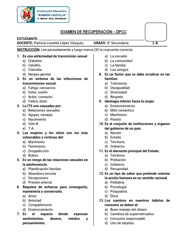 Examen de Recuperación - DPCC 4° Sec | PDF | Soborno