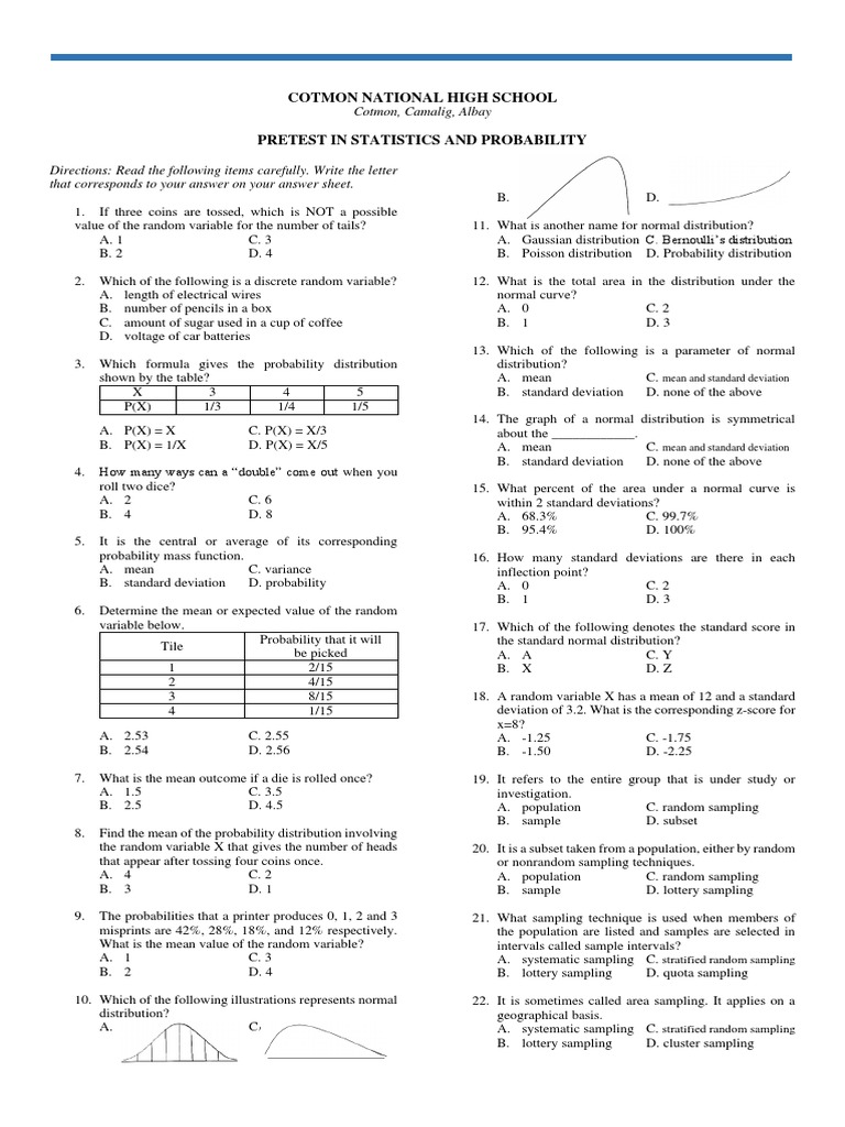 Statistics and Probability Pretest Set A | PDF | Sampling (Statistics ...
