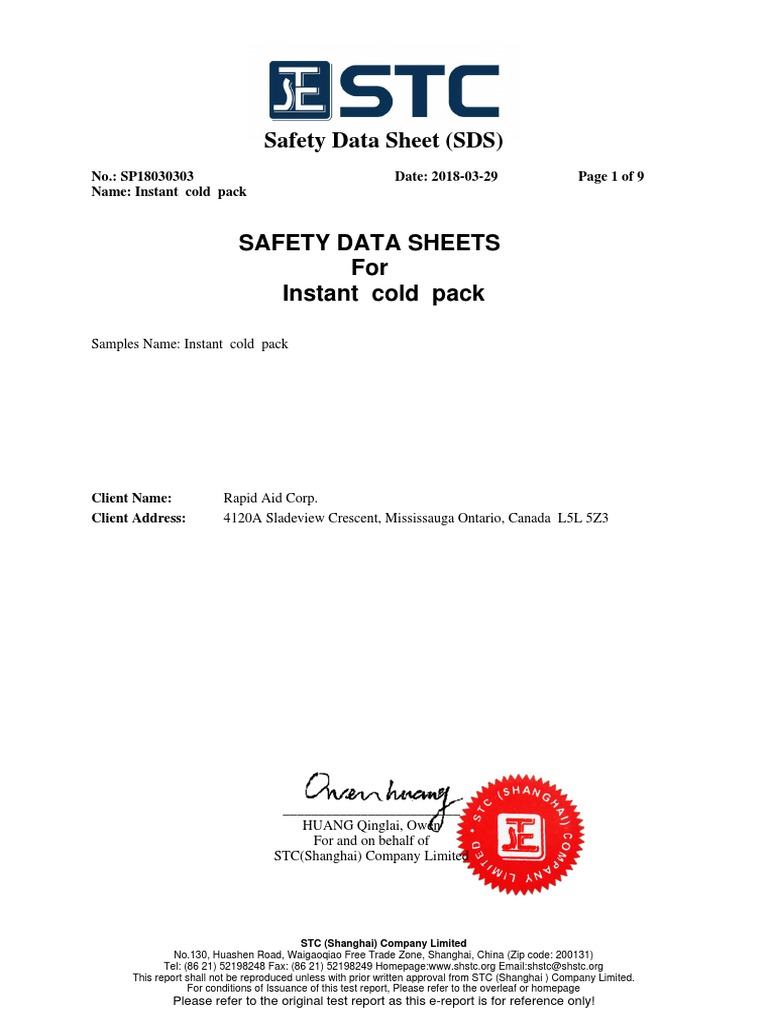 Instant Cold Pack Safety Data Sheet | PDF | Workplace | Working Conditions