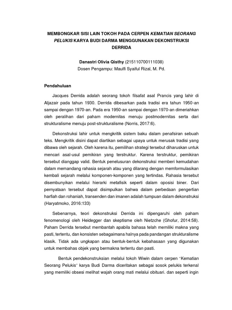 Danastri Olivia Qisthy Analisis Cerpen Kematian Seorang Pelukis Karya ...