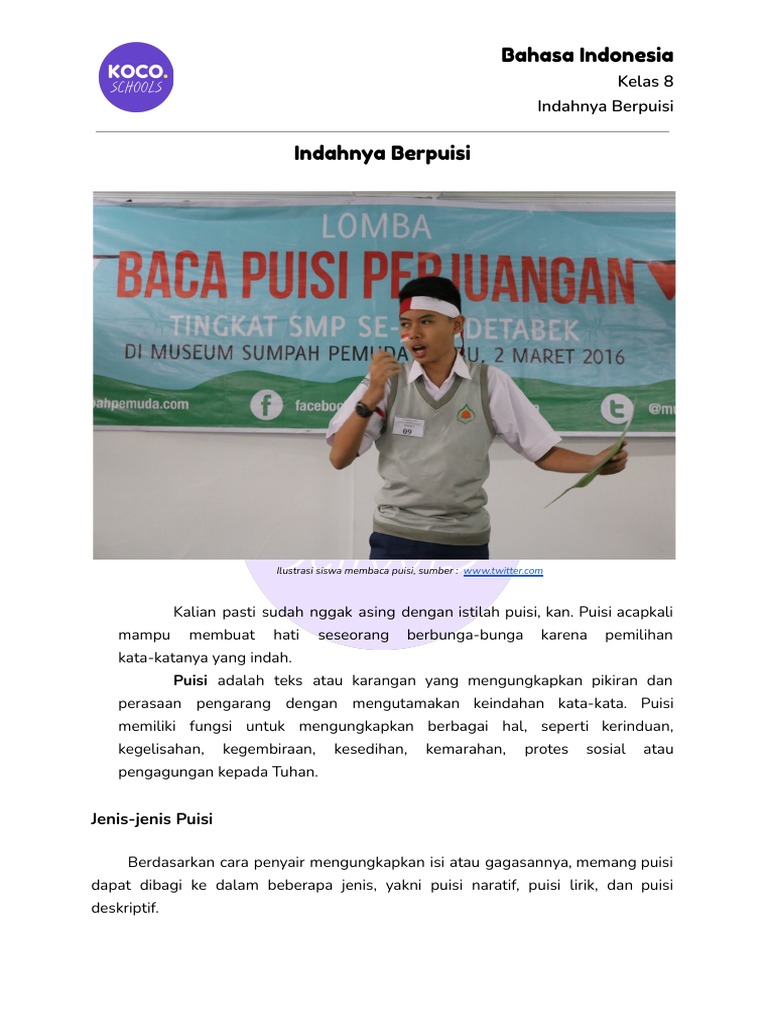Revision Note - Bahasa Indonesia Kelas 8 - Indahnya Berpuisi | PDF