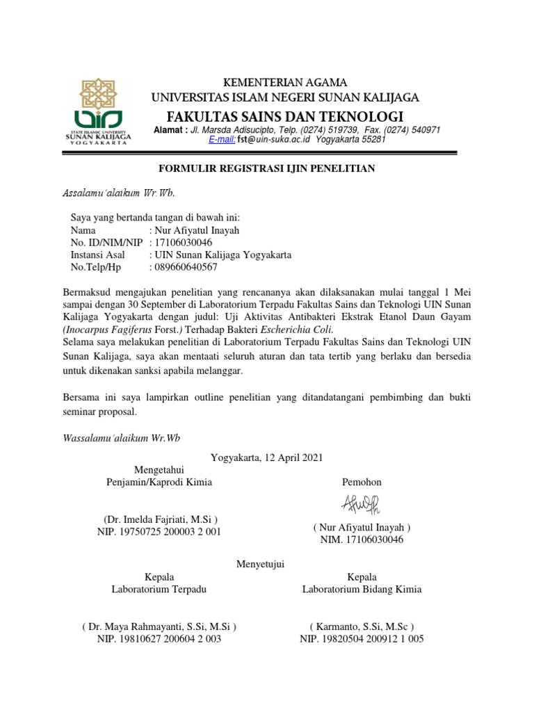SURAT FORMULIR REGISTRASI IJIN PENELITIAN | PDF