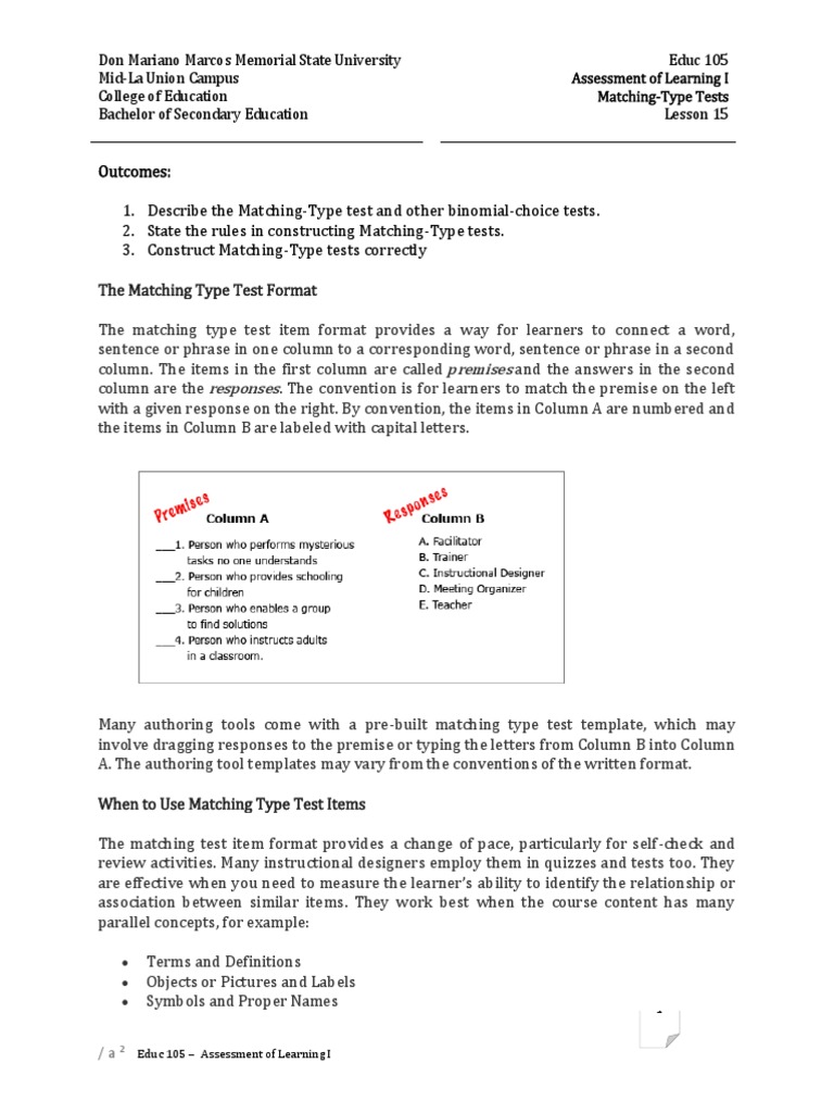 Lesson 15-Matching-Type Tests | PDF | Multiple Choice | Learning