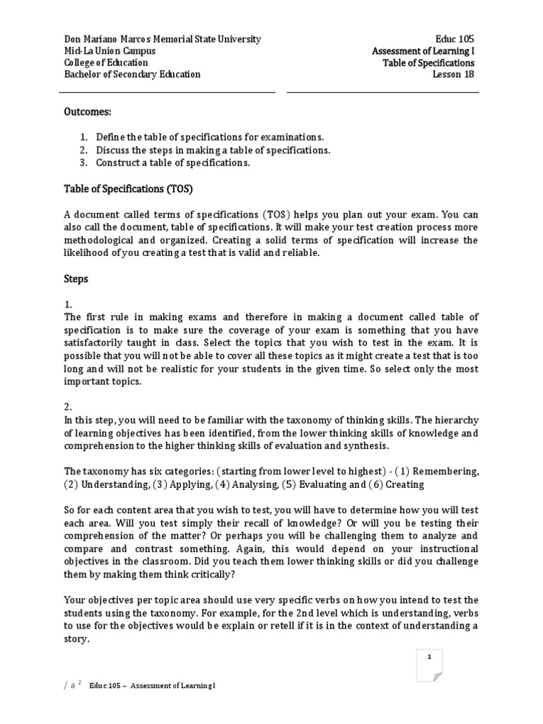 Lesson 18-Table of Specifications | PDF | Educational Assessment ...