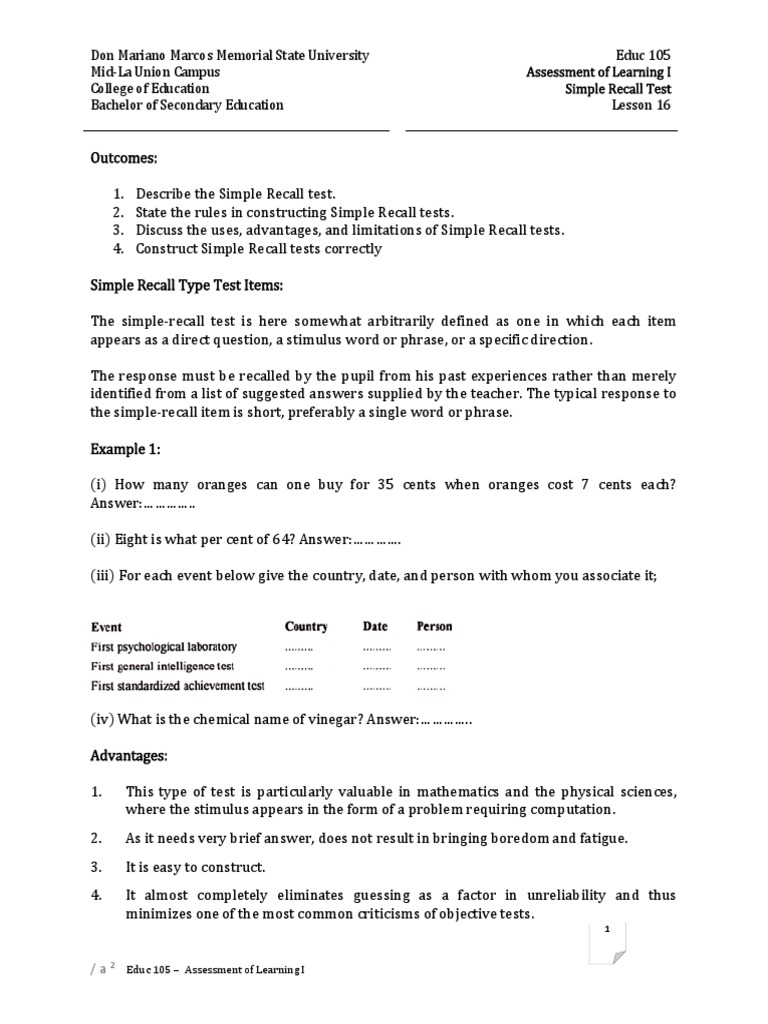 Lesson 16-Simple Recall Test | PDF | Recall (Memory) | Cognition