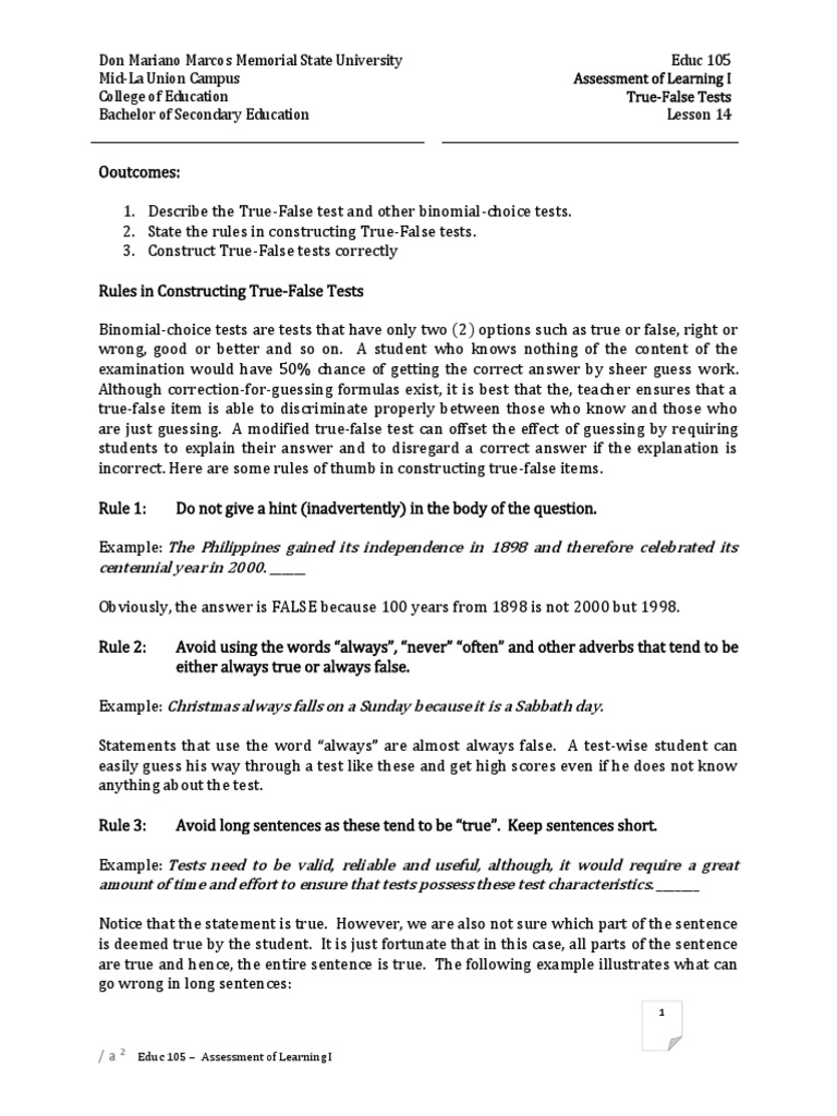 Lesson 14-True-False Tests | PDF | Multiple Choice | Learning