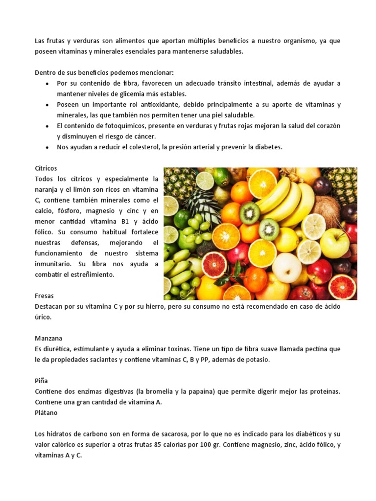 Las Frutas y Verduras Son Alimentos Que Aportan Múltiples Beneficios A Nuestro Organismo | PDF ...