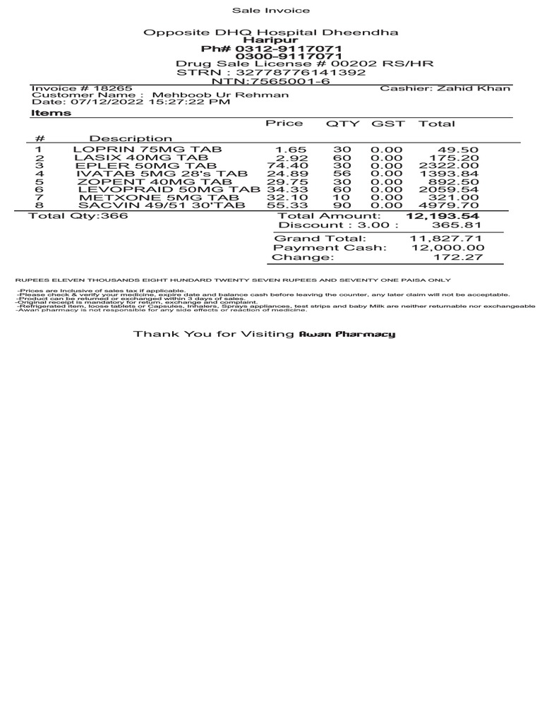 AWAN PHARMACY 1 Comp | PDF | Invoice | Payments