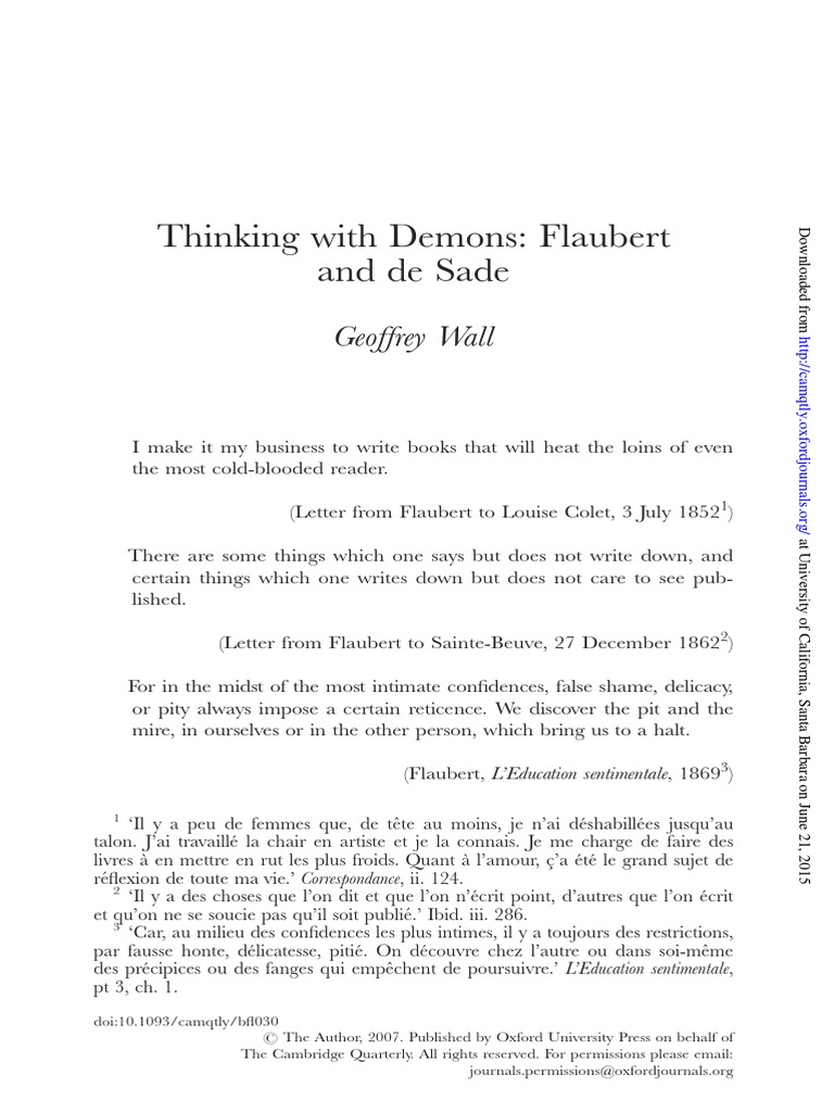Geoffrey Wall: Thinking With Demons: Flaubert and de Sade | PDF ...