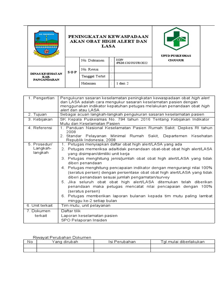 SOP SASARAN KESELAMATAN PASIEN - Peningkatan Kewaspadaan Akan Obat High Alert Dan LASA | PDF