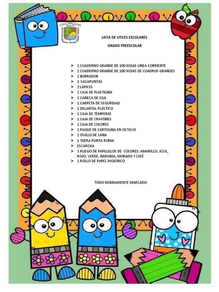 Lista de útiles escolares necesarios para el grado preescolar | PDF