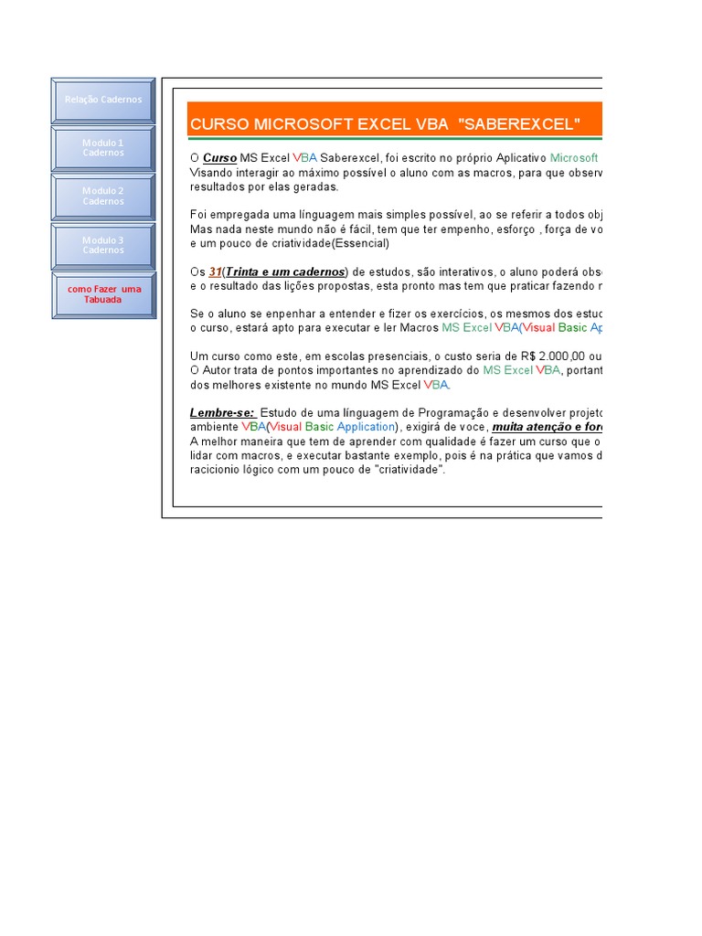 Modulos Curso Pdf Macro Ciência Da Computação Microsoft Excel 