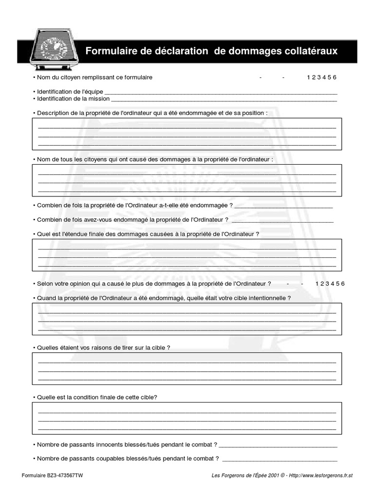 Paranoia - Formulaire - de - Declaration - de - Dommages - Colatéraux | PDF | Militaire