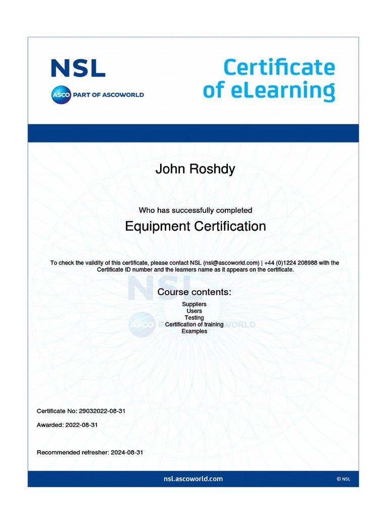 Certificate NSL Equipment Certification | PDF