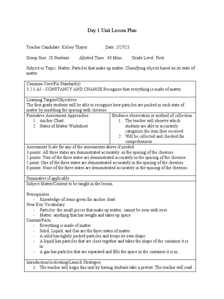 Unit Day 1 | PDF | Teachers | Matter