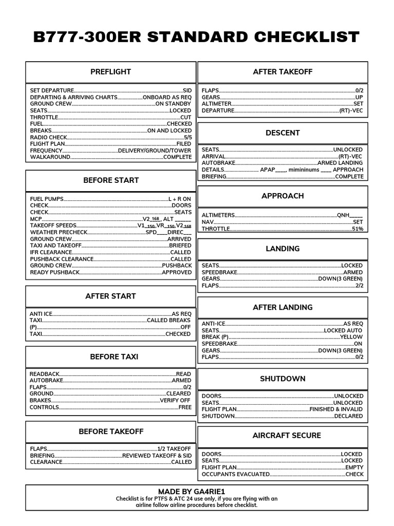 B777-300er Standard Checklist | PDF | Aviation | Transport Accidents And Incidents