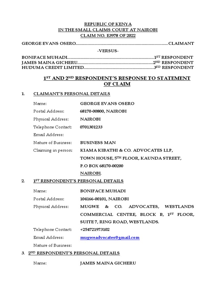 Response To Statement of Claim-Nairobi SCCC E3978 of 2022 | PDF ...