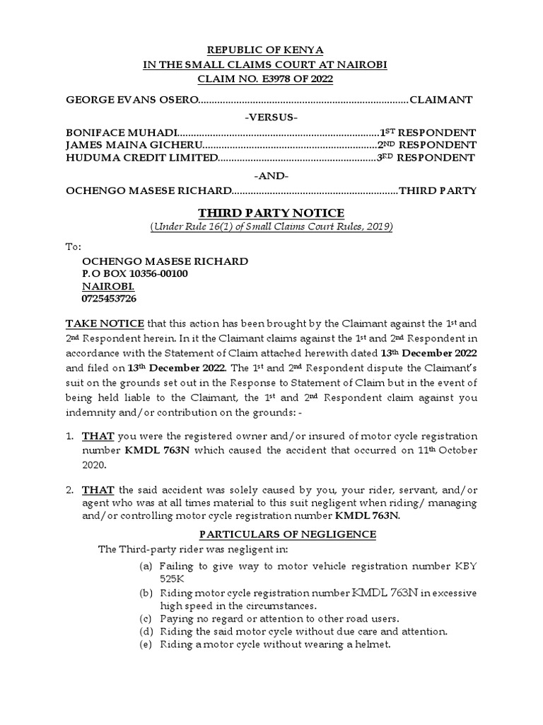 Third Party Notice-Milimani SCC E3978 of 2022 | PDF | Lawsuit | Civil ...
