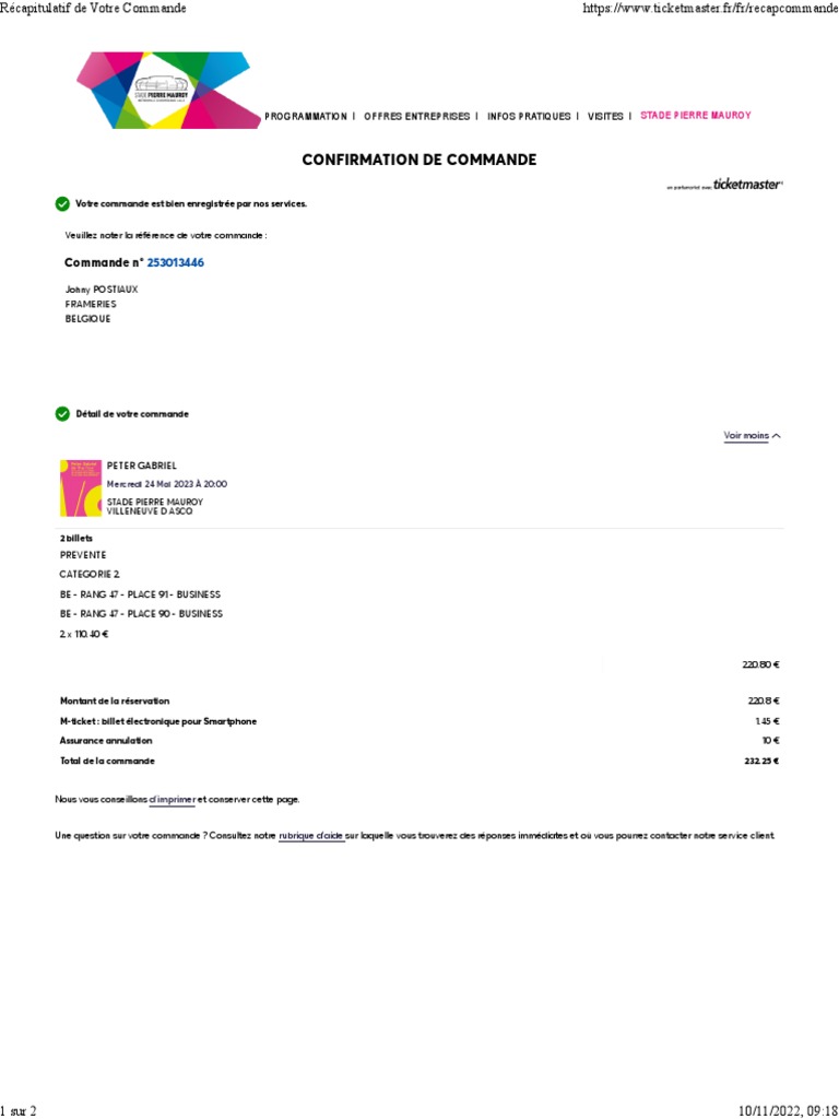 Confirmation de commande Ticketmaster | PDF