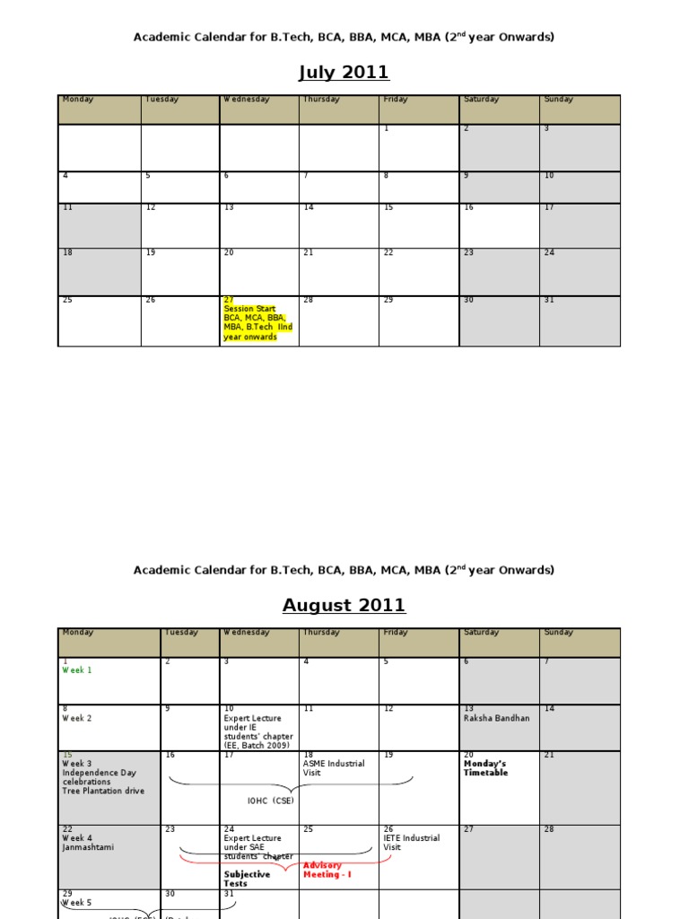 July 2011: Academic Calendar For B.Tech, BCA, BBA, MCA, MBA (2 Year ...