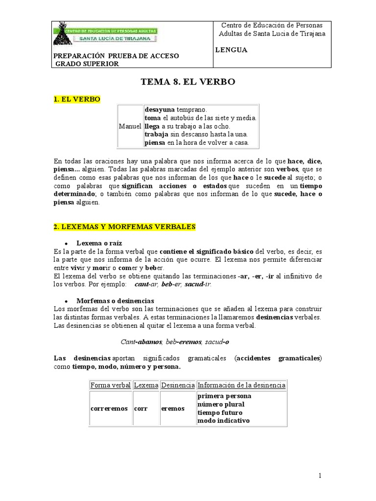Tema 8. El Verbo | PDF | Verbo | Conjugación gramatical