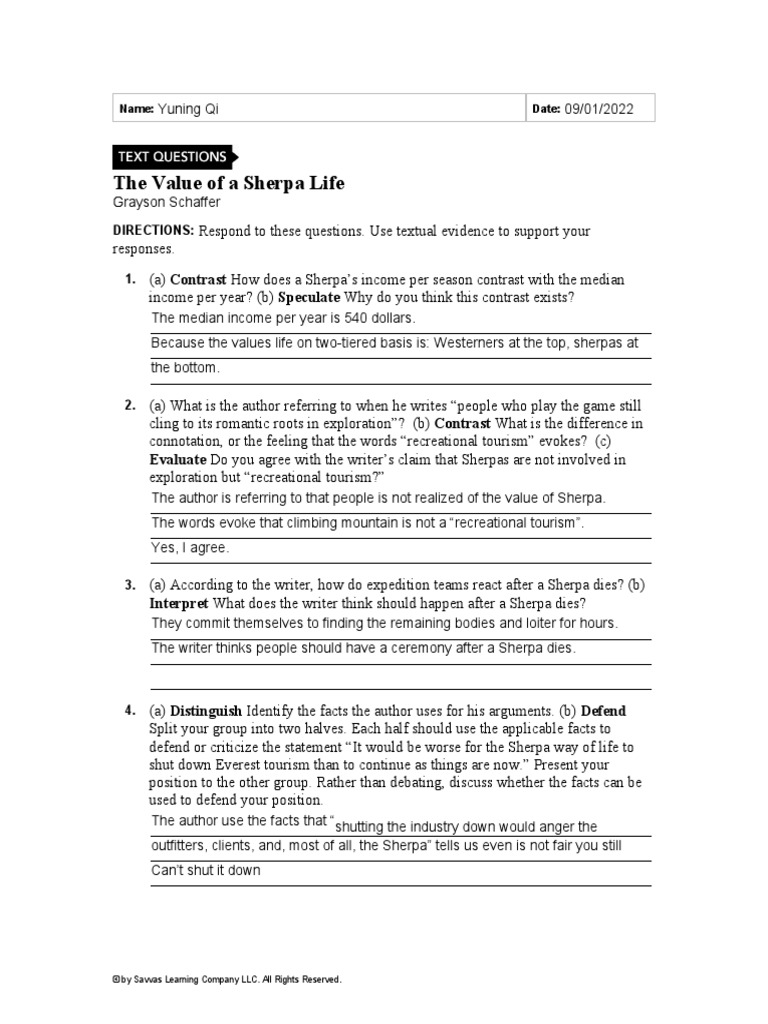The Value of A Sherpa Life: Evaluate Do You Agree With The Writer's ...
