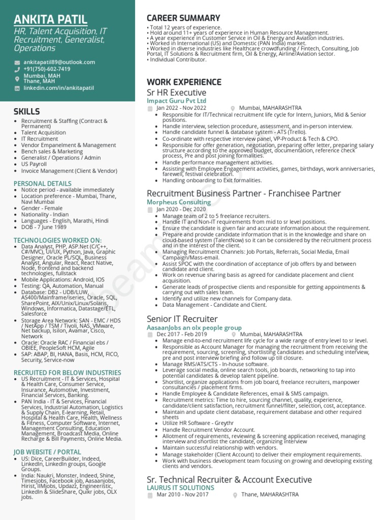 Ankita CV - HR - TA - IT Recruitment - PGDM | PDF | Recruitment | Oracle Corporation