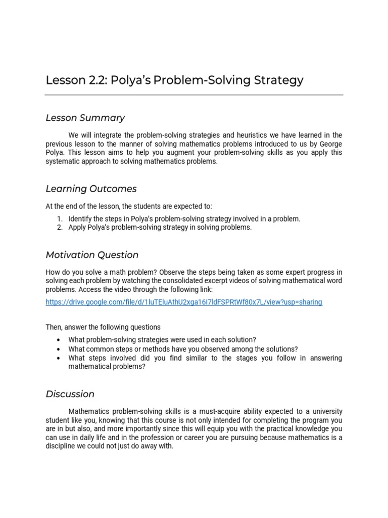 Polya's Problem Solving Strategy | PDF | Mathematics | Cognition