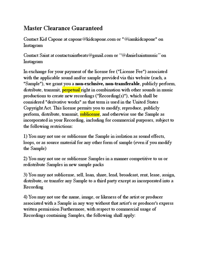 Sample Clearance Agreement | PDF | License | Copyright