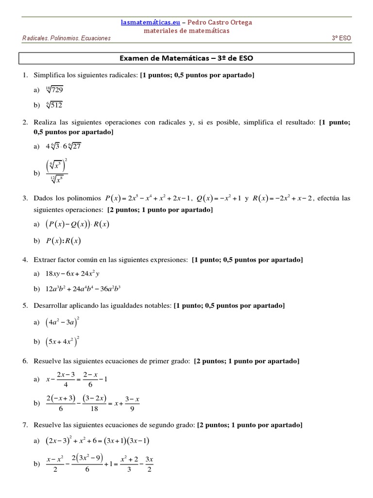 Examen Tercero ESO Radicales Polinomios Ecuaciones 1 | PDF | Álgebra | Matemáticas