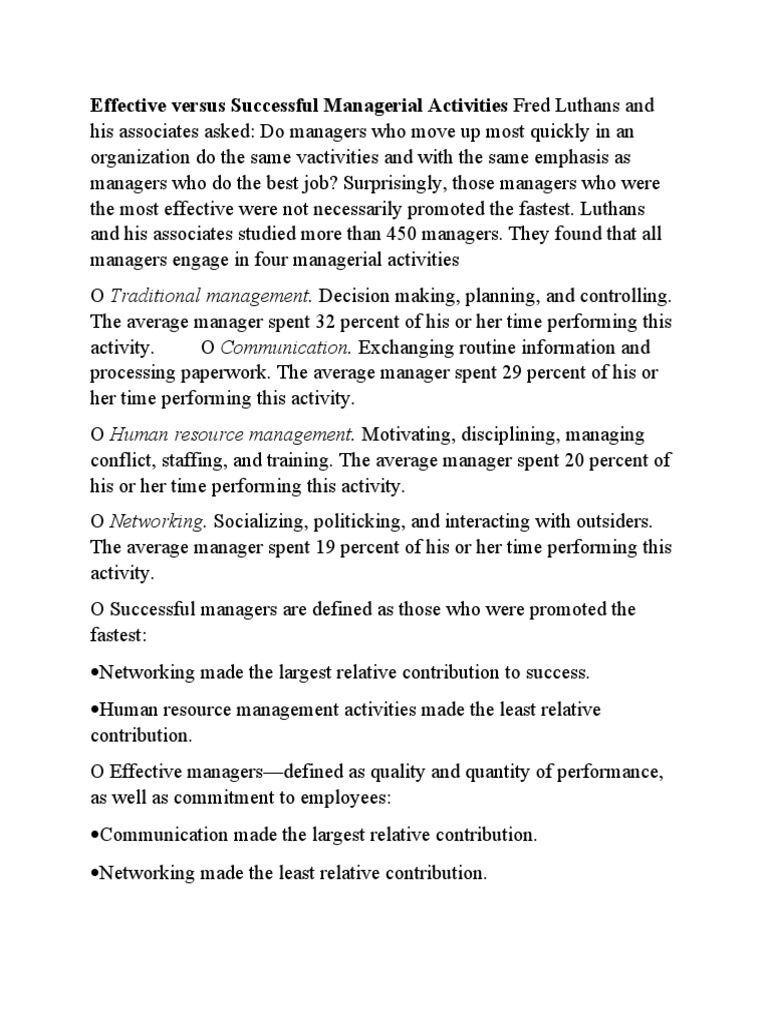 Effective Versus Successful Managerial Activities Fred Luthans and ...