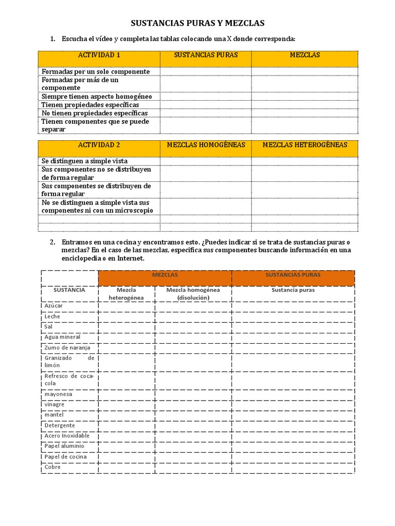 Actividad Completa Sustancias Puras y Mezclas | PDF | Cocina, comidas y vino