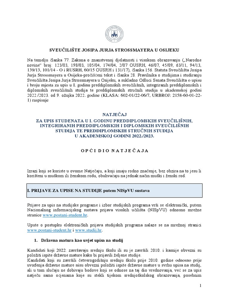 Sveuciliste J. J. Strossmayera U Osijeku 2022 2023 Natjecaj Za Upis - Preddiplomski-2 | PDF