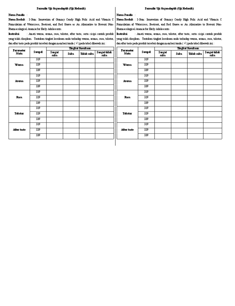 Formulir Uji Organoleptik | PDF