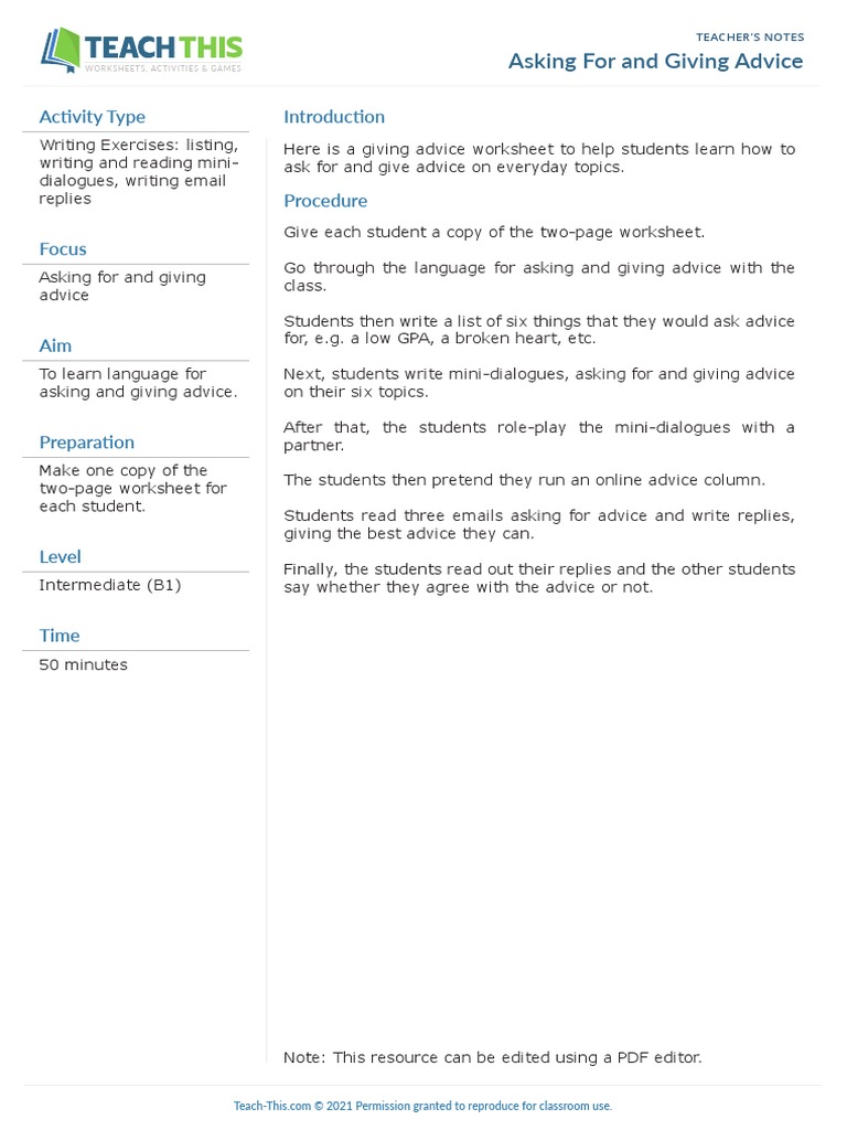 Asking For and Giving Advice | PDF | Career & Growth | Language Arts ...