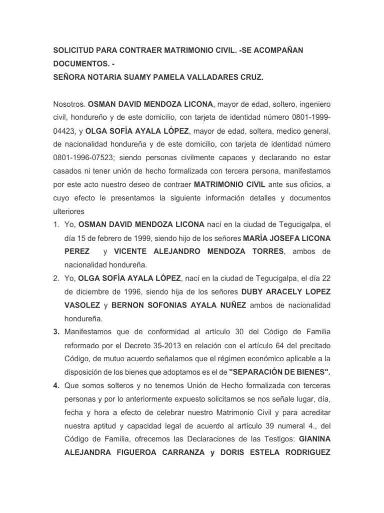 Solicitud para Contraer Matrimonio Civil | PDF | Matrimonio
