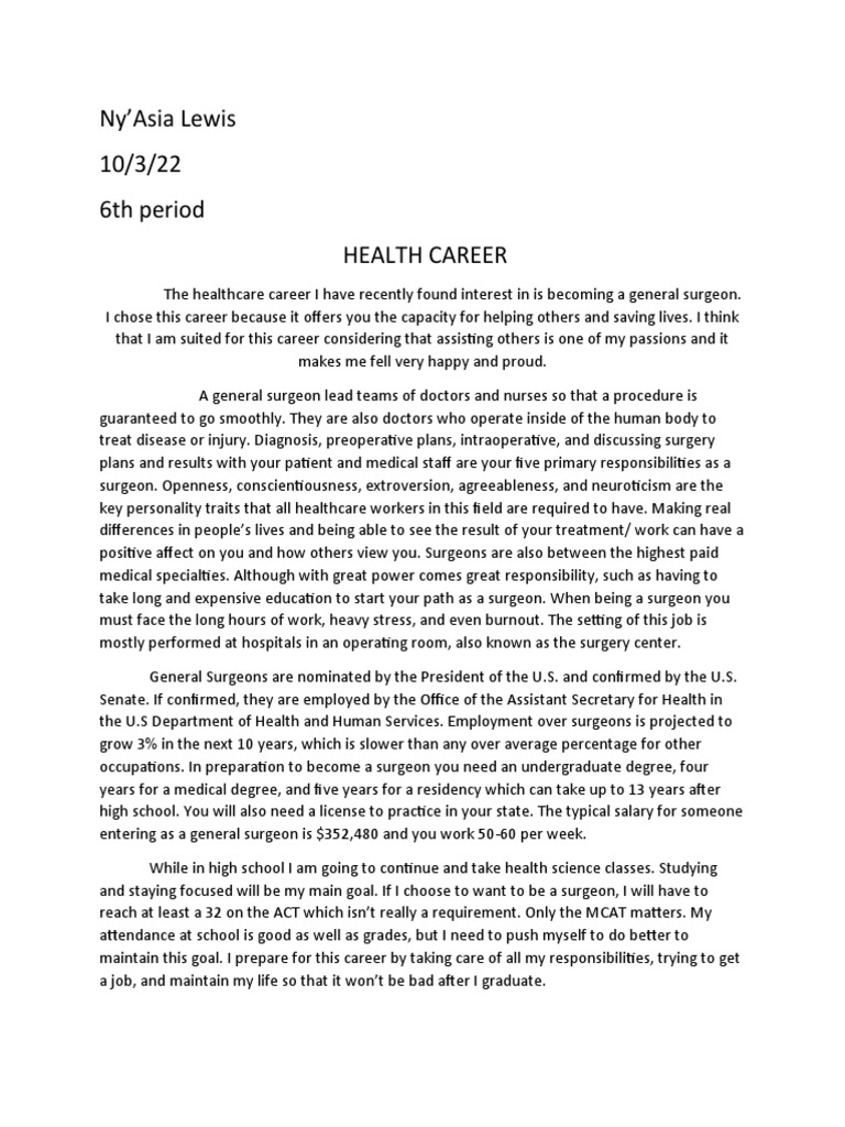 Career Essay 1 | PDF | Surgery | Health Care