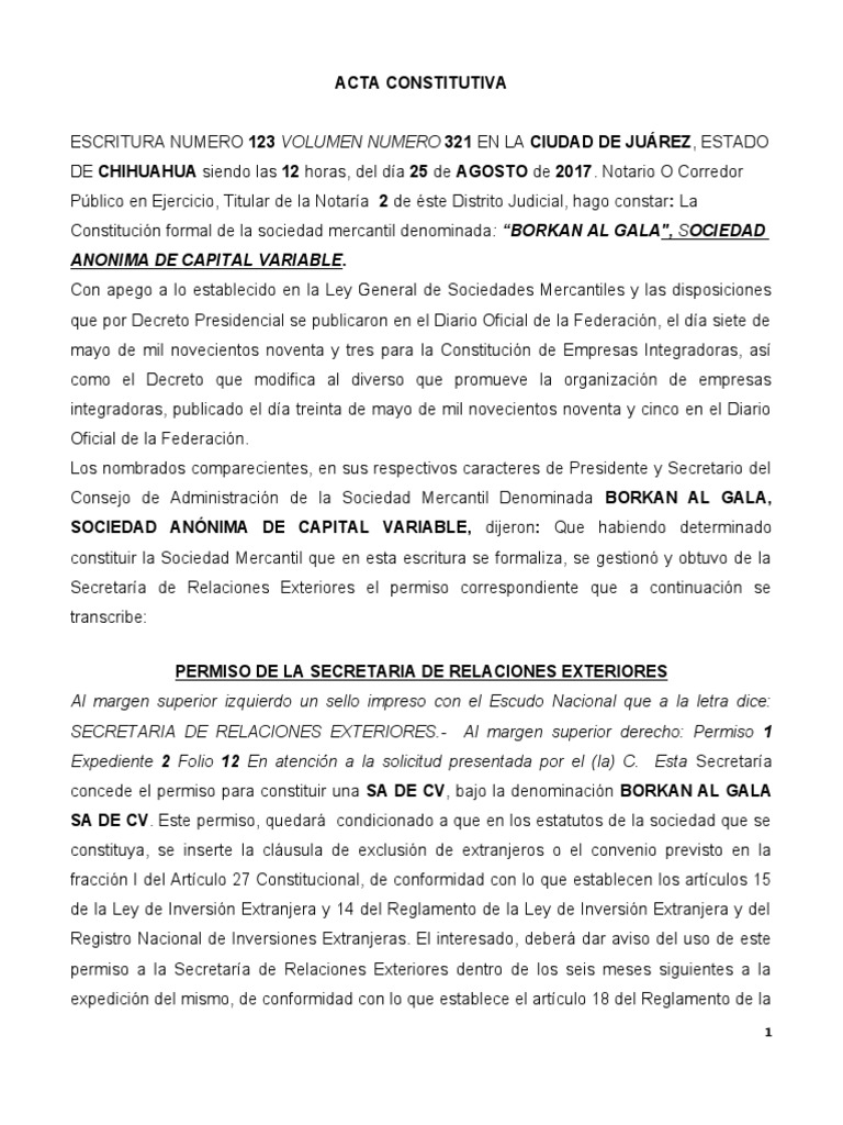 Acta Constitutiva | Descargar gratis PDF | Compartir (Finanzas) | Sociedad de responsabilidad ...