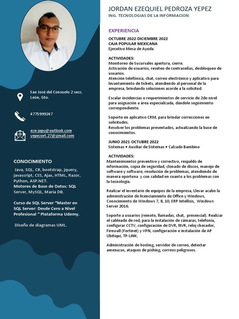 CV Jordan Ezequiel Pedro Z Aye Pez | PDF | Servidor SQL de Microsoft | Mi sql