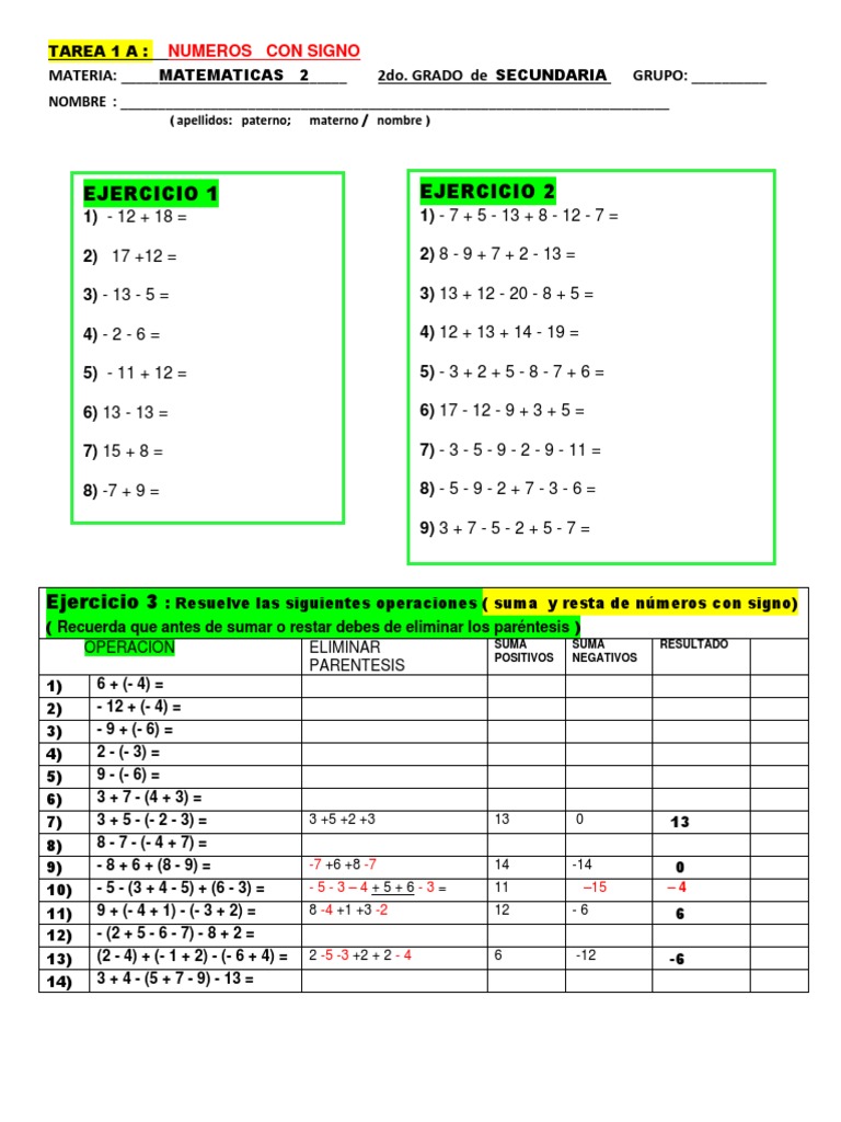 Ejercicios de Números con Signo para Secundaria | PDF | Aritmética ...