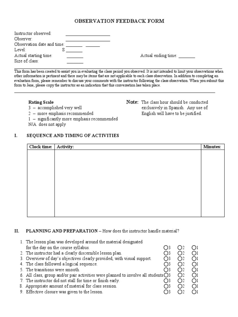 Observation Feedback Form Sample | PDF | Lesson Plan | Cognition