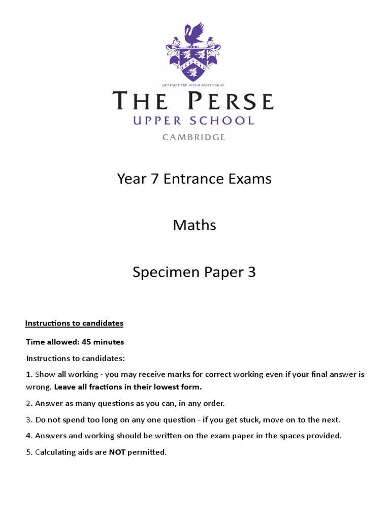 Year 7 Maths Entrance Exam Paper | PDF | Rectangle