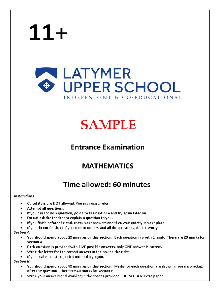 Latymer Upper School 11 Plus Maths Sample Paper 1 2020 | PDF | Arithmetic | Mathematics