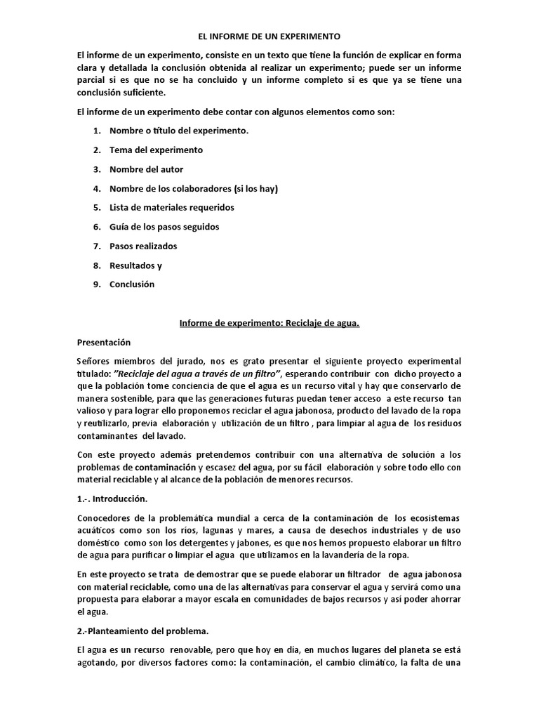 Informe de Experimentos | PDF | Agua | Reciclaje