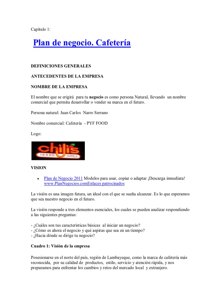 Plan de Negocios de Una Cafeteria | PDF