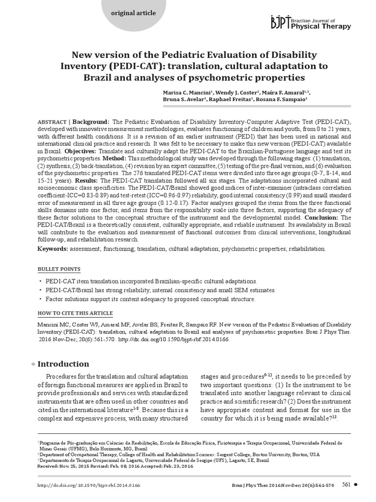 PEDI-CAT: Brazilian Translation & Adaptation | PDF | Factor Analysis ...