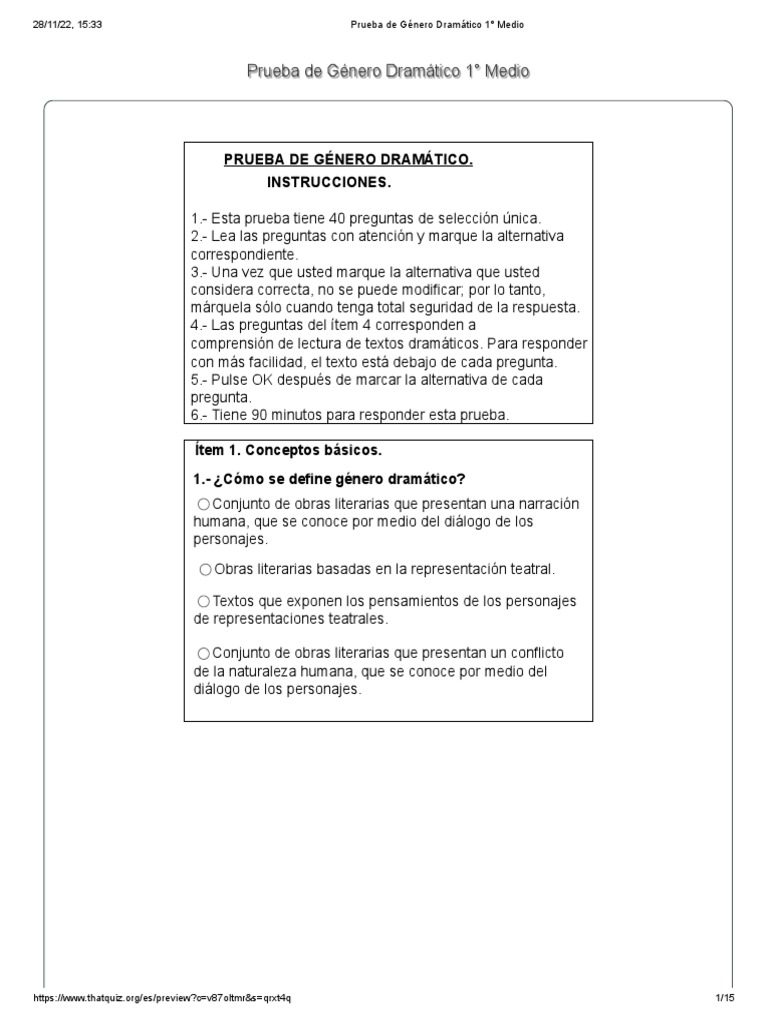 Prueba de Género Dramático 1° Medio | PDF