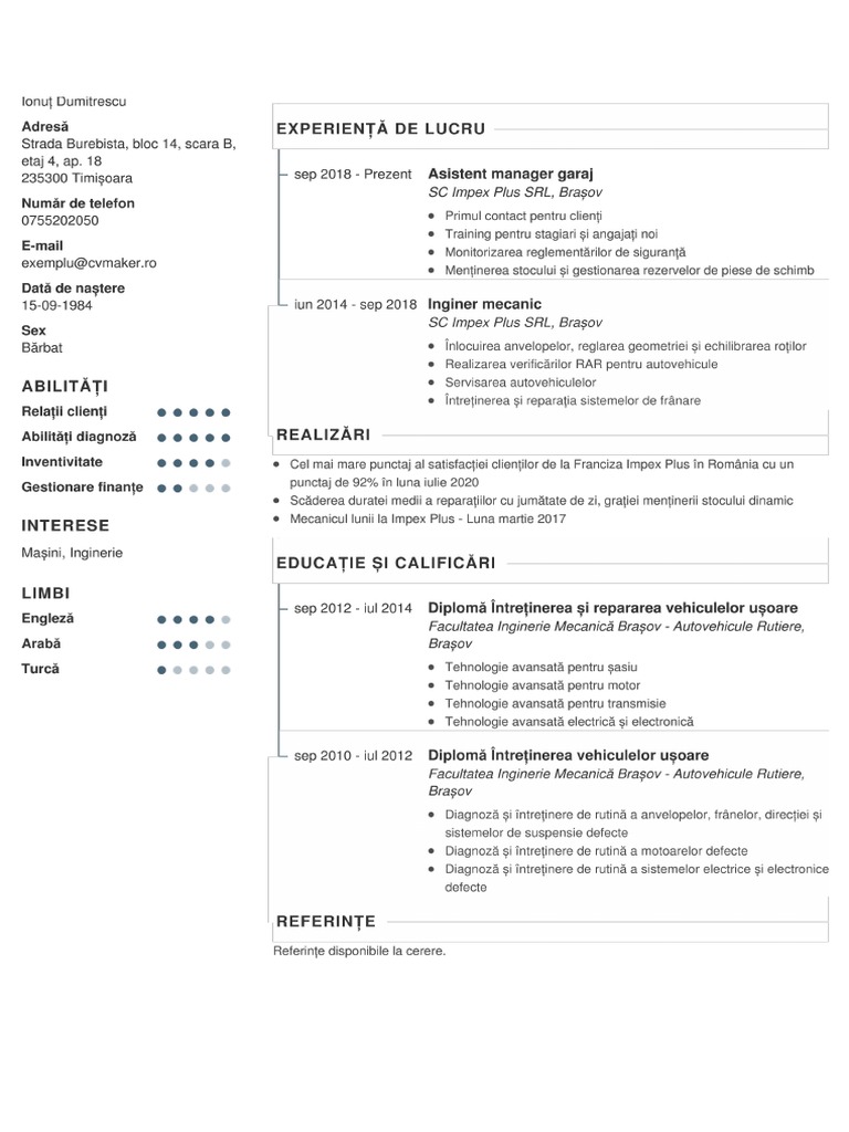Exemplu CV Inginer Mecanic | PDF