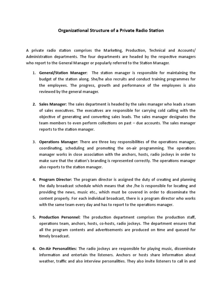 Structure of a Private Radio Station | PDF | Broadcasting | Sales