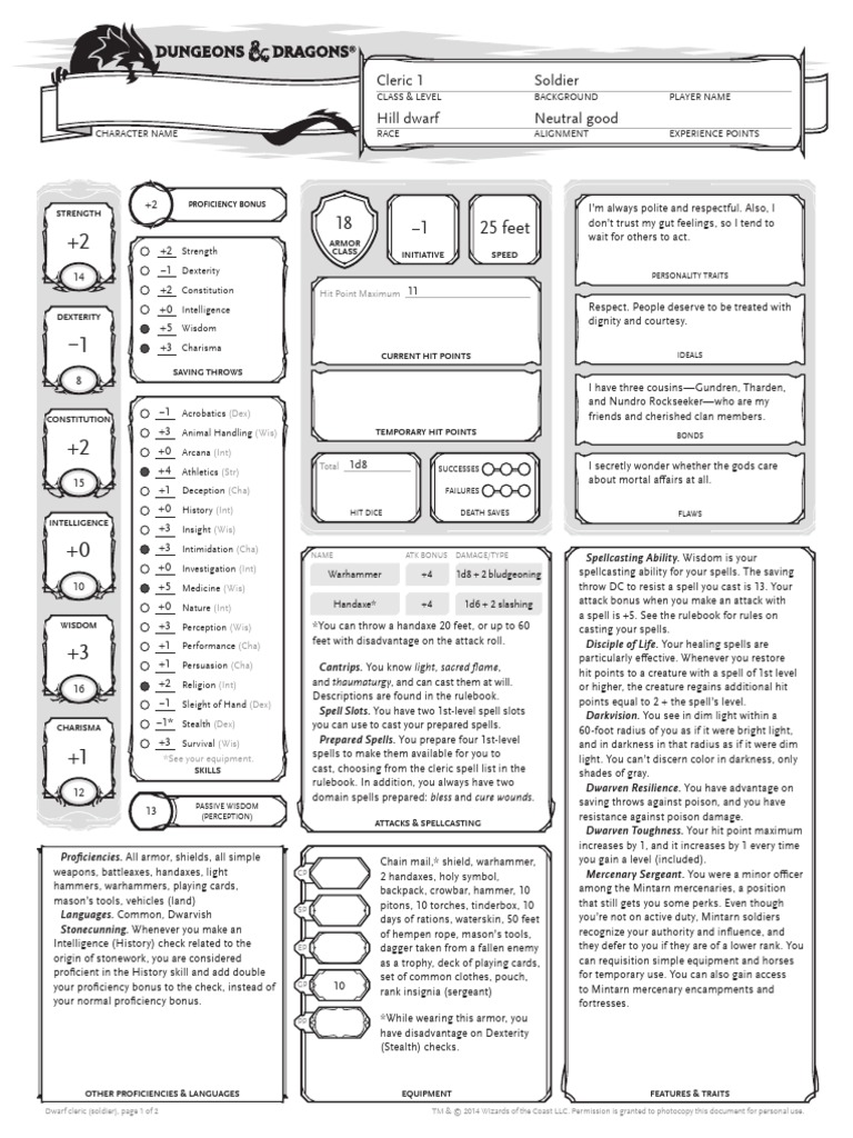 Dwarf Cleric With Stats | PDF | Fantasy Role Playing Games